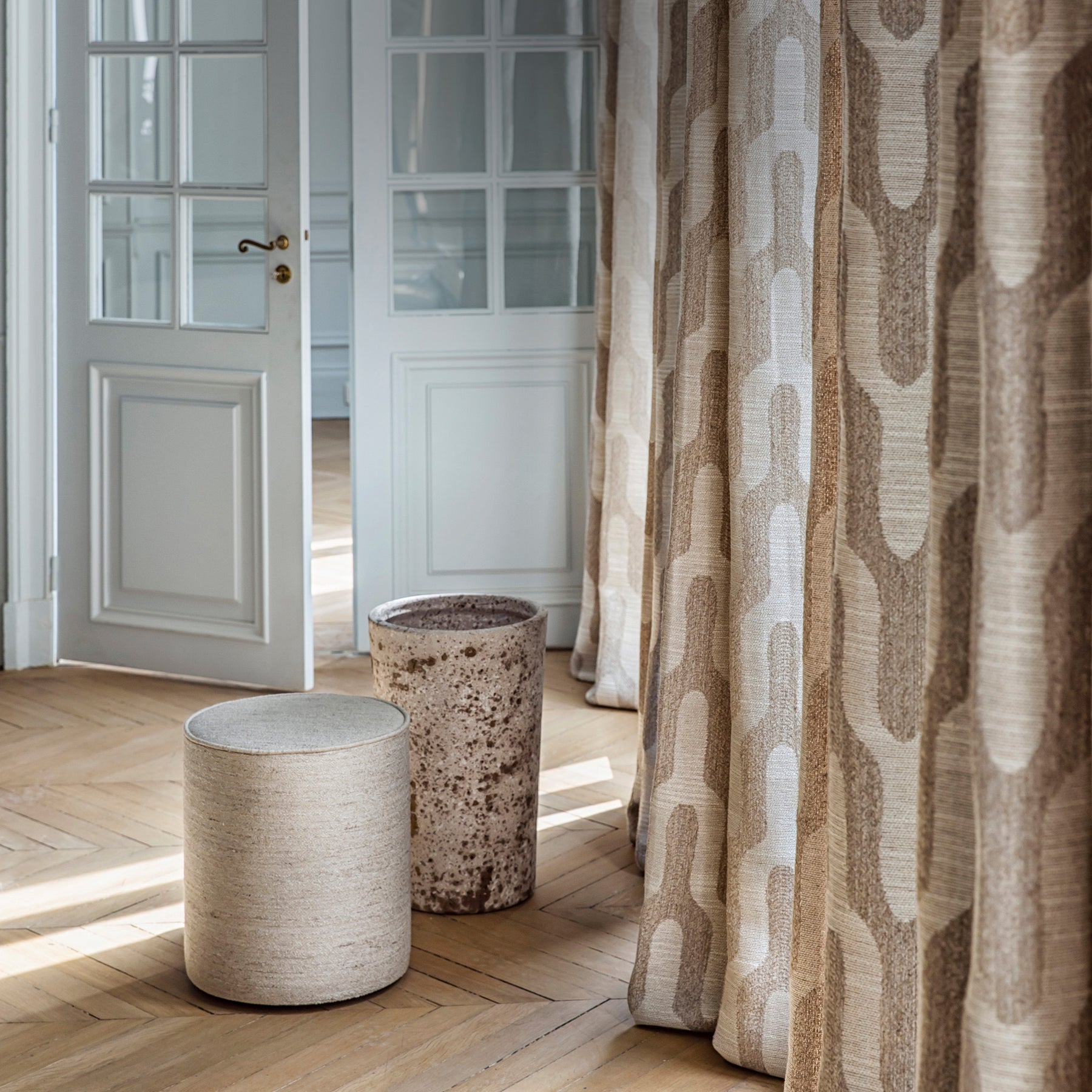 Carlina beige and black bourdon stitch panel curtain - Madura